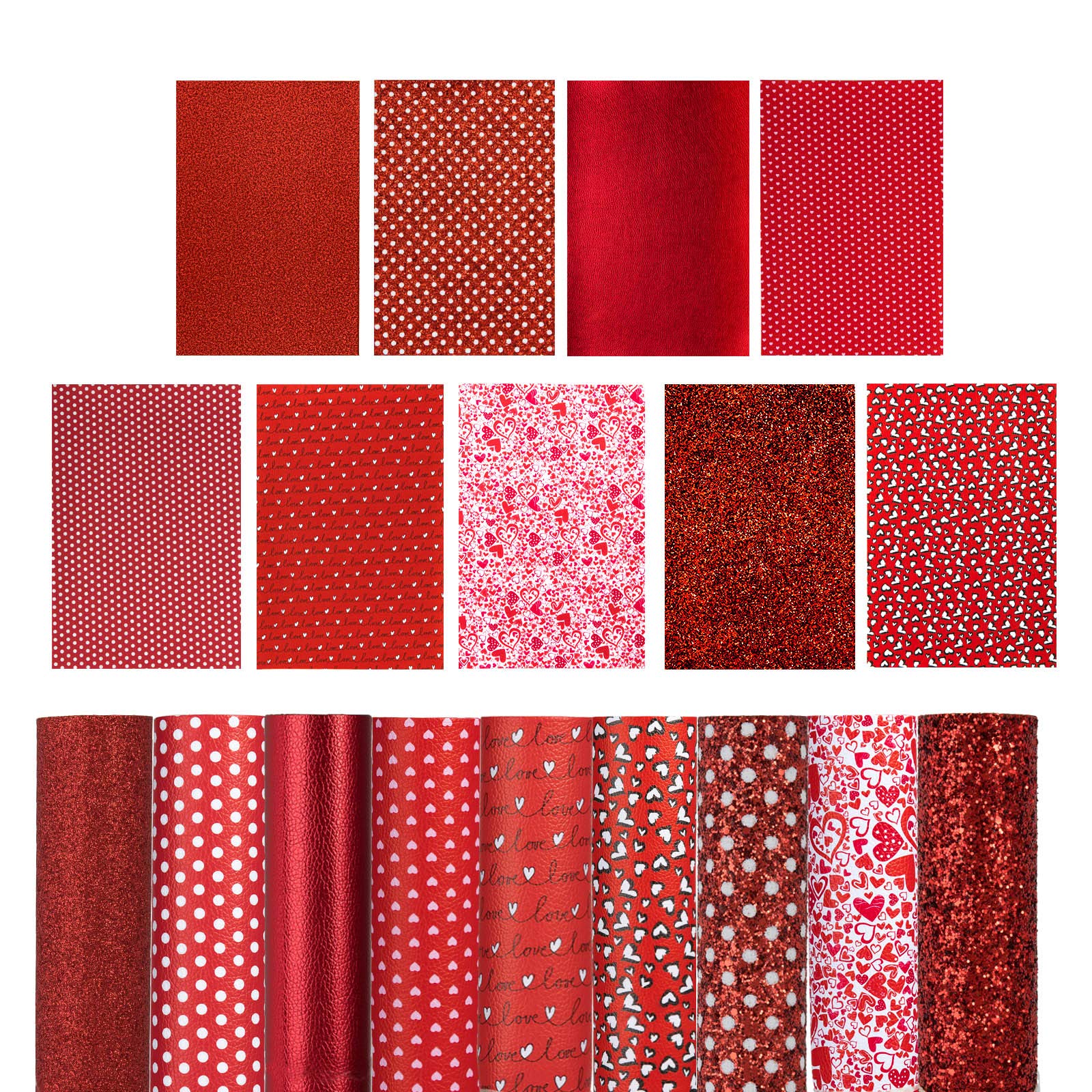 Whaline Valentine's Day Faux Leather Sheet Red Heart Love Pattern Synthetic Leather 7.87" x 11.81" Glitter Fabric Crafts for Earring Hair Bow DIY Crafts Making Holiday Anniversary Decor, 9 Sheet