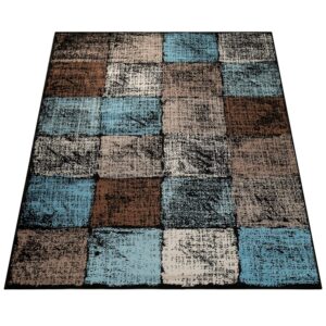 Modern Area Rug for Living Room Abstract in Brown Cream Blue Checkered, Size: 6'7" x 9'2"