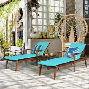 Tangkula Patio Chaise Lounge Sets, Outdoor Acacia Wood Chaise Lounger Chair w/ 4 Adjustable Back Position, Folding Table, 3 Piece Rattan Reclining Chair Set w/Cushion for Lawn Backyard (Turquoise)