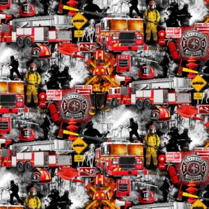 timeless treasures firefighter patchwork fire & rescue black premium quality 100% cotton fabric by the yard.