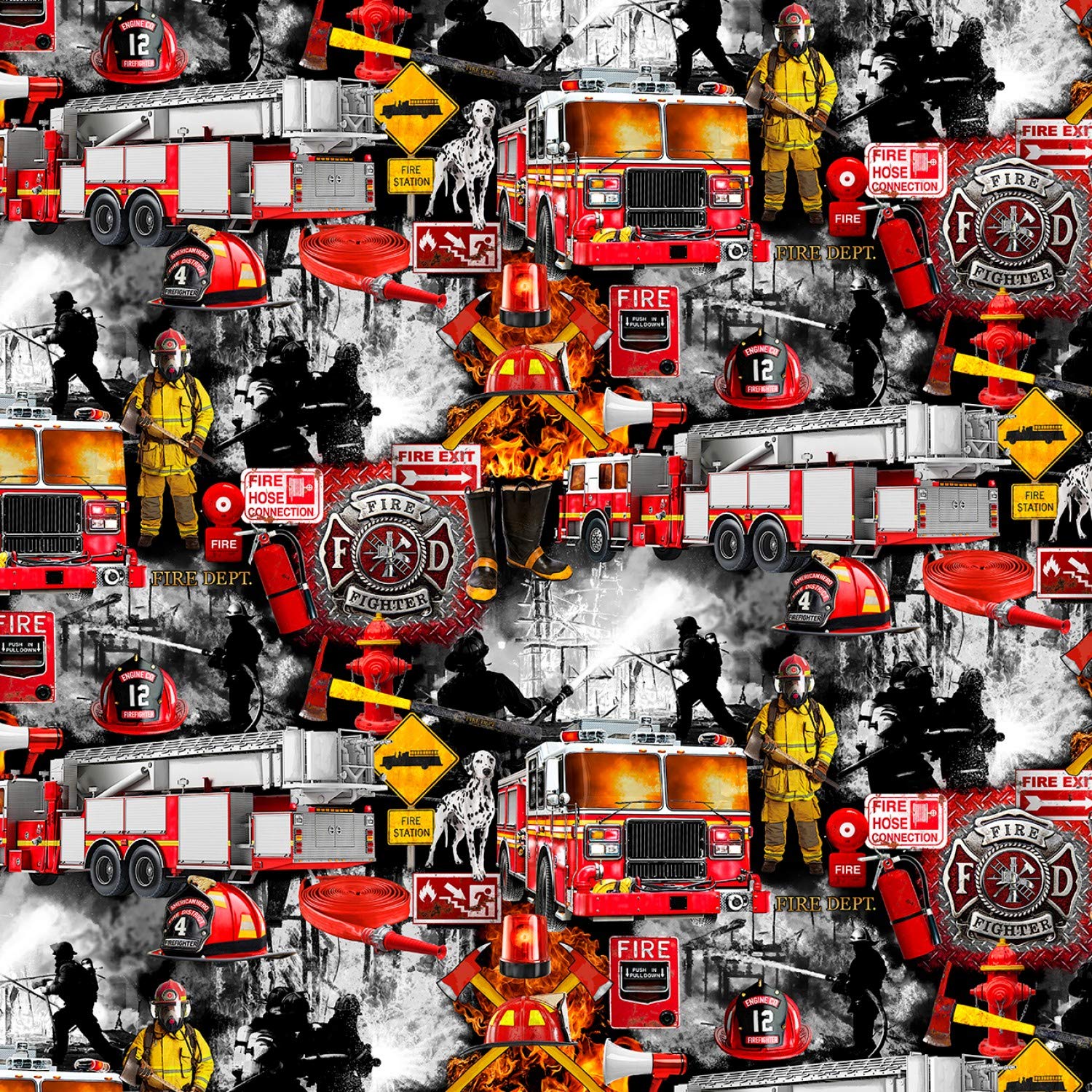 Timeless Treasures Firefighter Patchwork Fire & Rescue Black Premium Quality 100% Cotton Fabric by The Yard.