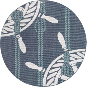 unique loom outdoor coastal collection area rug - helm (7' 1" round, navy blue/ ivory)