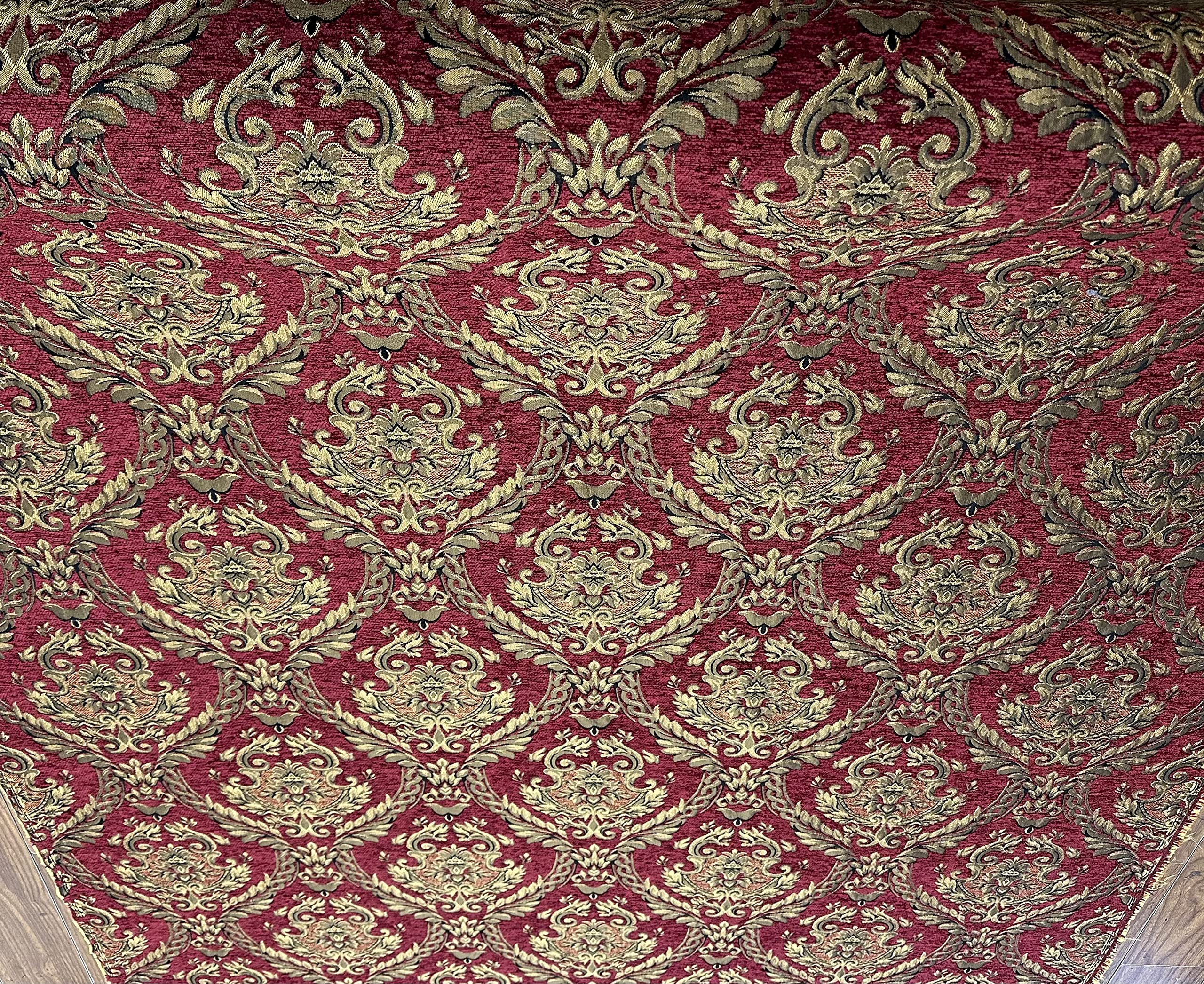 Damask Tapestry Chenille Fabric - Upholstery Fabric, 60" Width - Sold by The Yard (Dark Red/Gold)