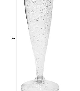 Oasis Creations Plastic Champagne Flute Glasses Set (100 count) 4.5 ounce - Silver Glitter Stem Cups -2 Pieces- Ideal for Birthday Party, Wedding Reception,Office Parties and other Celebrations!