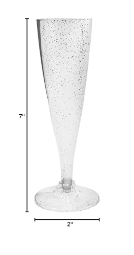 Oasis Creations Plastic Champagne Flute Glasses Set (100 count) 4.5 ounce - Silver Glitter Stem Cups -2 Pieces- Ideal for Birthday Party, Wedding Reception,Office Parties and other Celebrations!