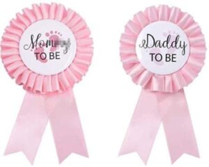 daddy to be & mom to be tinplate badge pin - baby shower button new dad gifts gender reveals party baby girl pink rosette button baby celebration (pink)