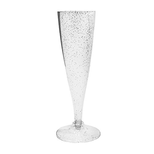 Oasis Creations Plastic Champagne Flute Glasses Set (100 count) 4.5 ounce - Silver Glitter Stem Cups -2 Pieces- Ideal for Birthday Party, Wedding Reception,Office Parties and other Celebrations!