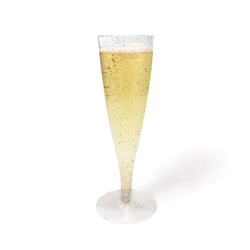 Oasis Creations Plastic Champagne Flute Glasses Set (100 count) 4.5 ounce - Silver Glitter Stem Cups -2 Pieces- Ideal for Birthday Party, Wedding Reception,Office Parties and other Celebrations!