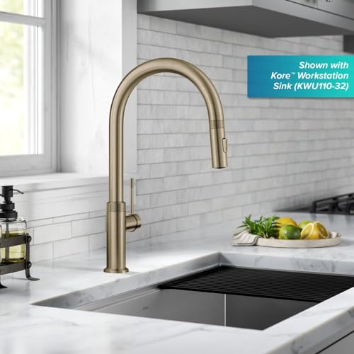 KRAUS Oletto Modern Industrial Pull-Down Single Handle Kitchen Faucet in Brushed Gold, KPF-2654BG