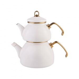 karaca retro teapot set cream, enamel, teapot/lid (1.1 lt, 2.4 lb), tea kettle (2.3 lt, 5 lb), titanium coated handles, suitable for induction