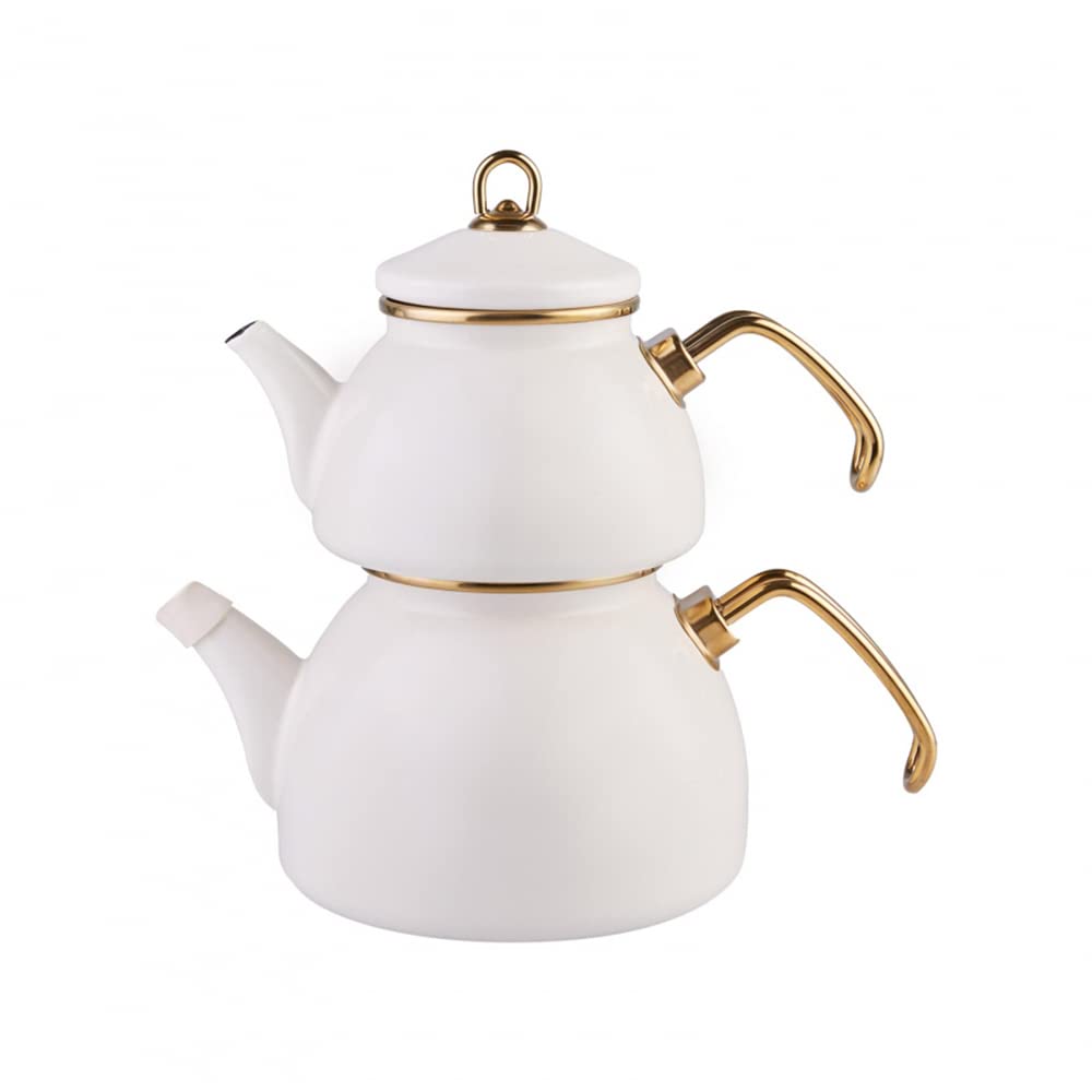 Karaca Retro Teapot Set Cream, Enamel, Teapot/Lid (1.1 lt, 2.4 lb), Tea Kettle (2.3 lt, 5 lb), Titanium Coated Handles, Suitable for Induction