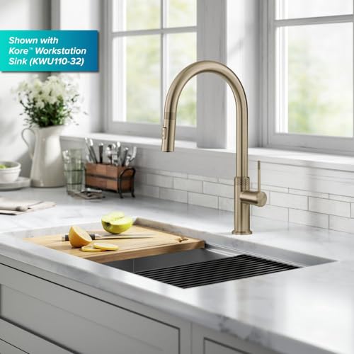 KRAUS Oletto Modern Industrial Pull-Down Single Handle Kitchen Faucet in Brushed Gold, KPF-2654BG