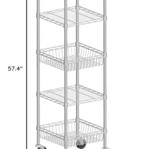 Home Storage Space HSS 5 Tier Wire Shelving Tower with Casters, 16 inch x16 inch x53.7 inch H, Chrome