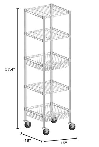 Home Storage Space HSS 5 Tier Wire Shelving Tower with Casters, 16 inch x16 inch x53.7 inch H, Chrome