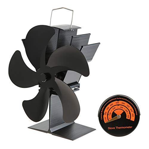 gohantee Fireplace Stove Fan 5-Blades, Silent Motors Heat Powered Stove Fan Circulates Warm/Heated Air Eco Stove Fan with Thermometer, for Gas/Pellet/Wood/Log Stoves