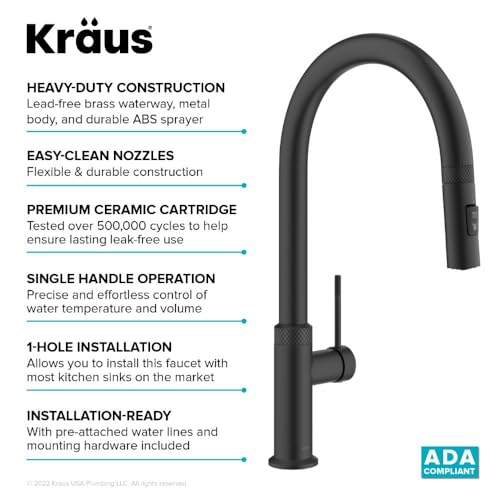 KRAUS Oletto Modern Industrial Pull-Down Single Handle Kitchen Faucet in Matte Black, KPF-2654MB