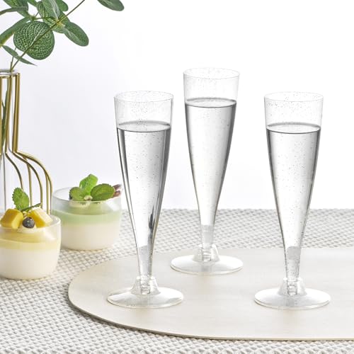 Oasis Creations Plastic Champagne Flute Glasses Set (100 count) 4.5 ounce - Silver Glitter Stem Cups -2 Pieces- Ideal for Birthday Party, Wedding Reception,Office Parties and other Celebrations!