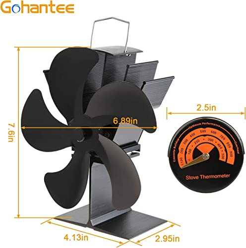 gohantee Fireplace Stove Fan 5-Blades, Silent Motors Heat Powered Stove Fan Circulates Warm/Heated Air Eco Stove Fan with Thermometer, for Gas/Pellet/Wood/Log Stoves