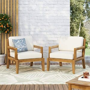 Christopher Knight Home Rossville Outdoor Club Chairs, Teak Finish + Beige