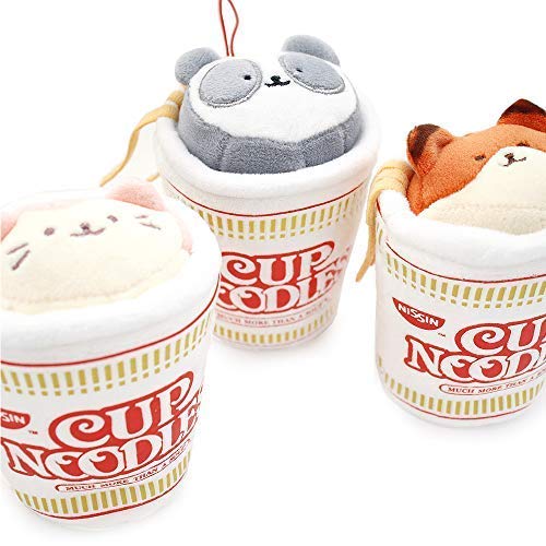 Anirollz Stuffed Animal Plush Keychain - Official Nissin Cup Noodle Ornament Charm Toy Doll | Soft, Squishy, Warm, Cute, Comfort, Safe | Birthday Gift Pillow with Kitty, Fox, Panda 3" Set of 3