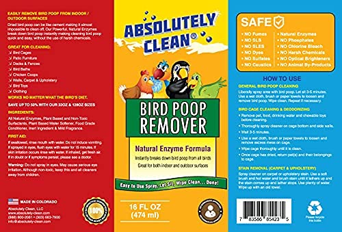 Absolutely Clean Amazing Bird Poop Remover - Just Spray/Wipe - Safely & Easily Removes Bird Messes - Use Indoor/Outdoor - Made in The USA