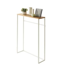 yamazaki home modern slim console table, slim narrow accent table for entryway or living room, metal and wood skinny hallway or sofa table steel one size white