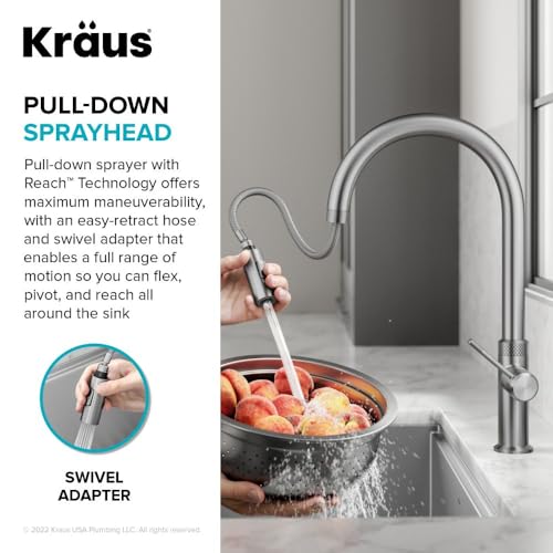 KRAUS Oletto Modern Industrial Pull-Down Single Handle Kitchen Faucet in Brushed Gold, KPF-2654BG