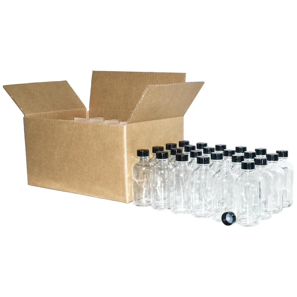 GlassBottleOutlet (Pack of 24) 4 oz. Clear Boston Round with Black Poly Cone Cap