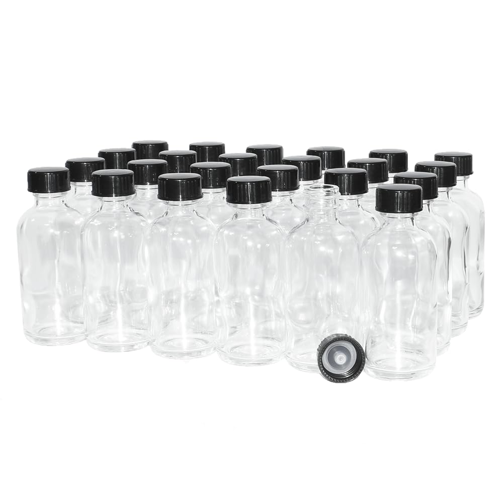 GlassBottleOutlet (Pack of 24) 4 oz. Clear Boston Round with Black Poly Cone Cap