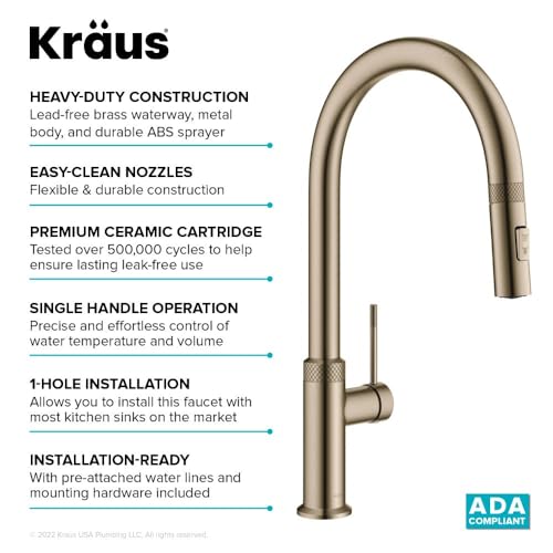 KRAUS Oletto Modern Industrial Pull-Down Single Handle Kitchen Faucet in Brushed Gold, KPF-2654BG