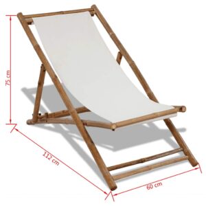 FAMIROSA Folding Beach Chair Backrest Adjustable Patio Bamboo Deck Chaise Lounge Chair Canvas Seat Sun Lounger Poolside Balcony Backyard Garden