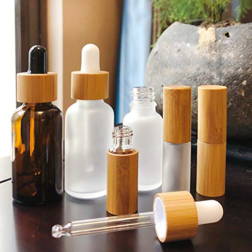 4 Pack,Clear Glass Dropper Bottle for Essential Oils,Empty Liquid Perfume Bottles With Pure Glass Pipettes,Bamboo Lid Cosmetic Travel Sample Container Vials-Pipette&Funnel included (30ml/1 Ounce)