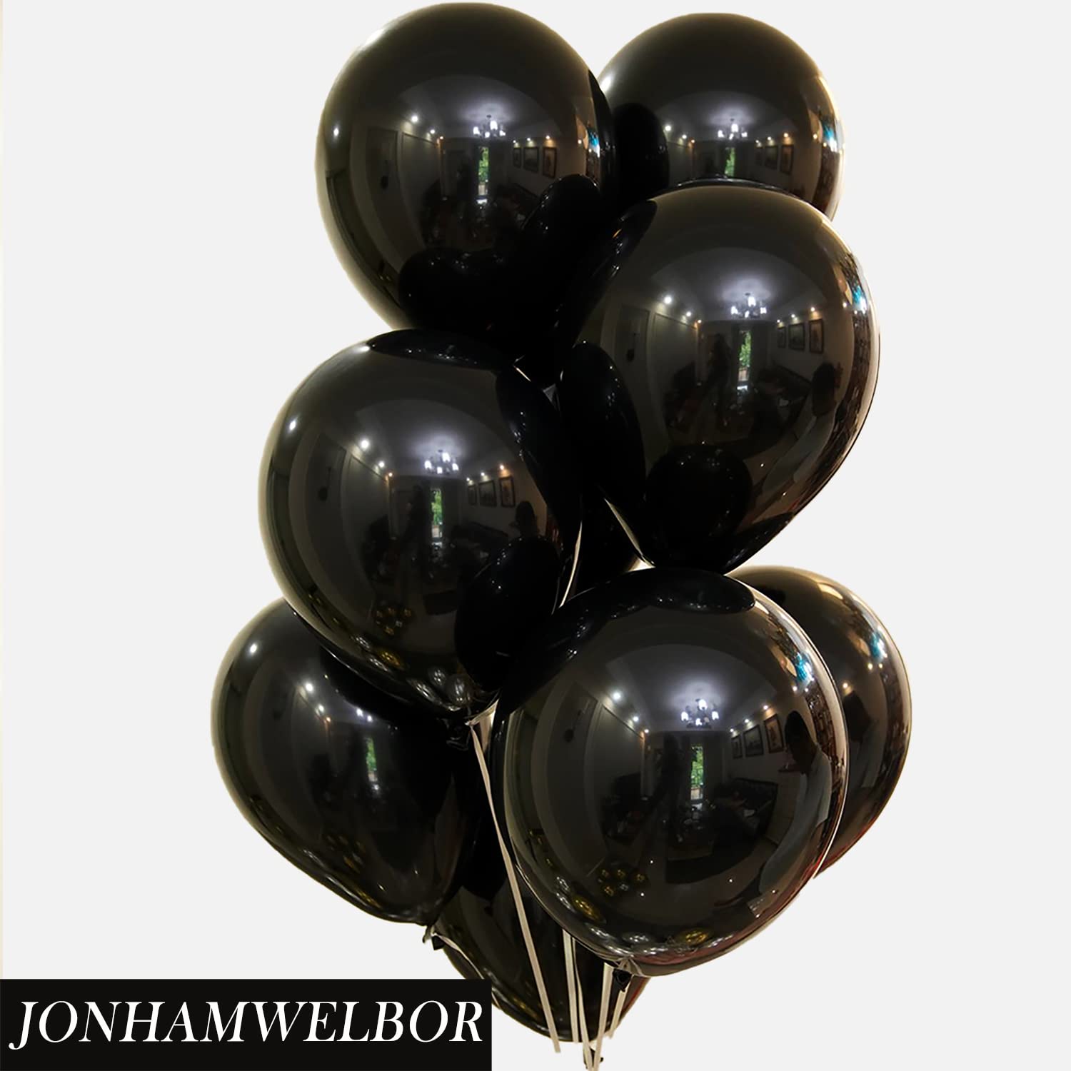 Jonhamwelbor Black Balloons 12 inch 100 Pack Black Metallic Chrome Balloons Black Latex Balloons for Birthday Halloween Graduation Baby Shower Party Decorations (with Black Ribbon)