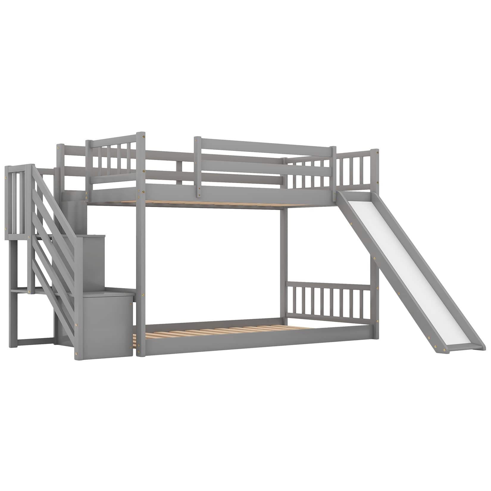 Low Bunk Bed with Slide and Stairs Twin Over Twin Bunk Beds Wood Frame for Kids Toddlers Boys Girls, Gray