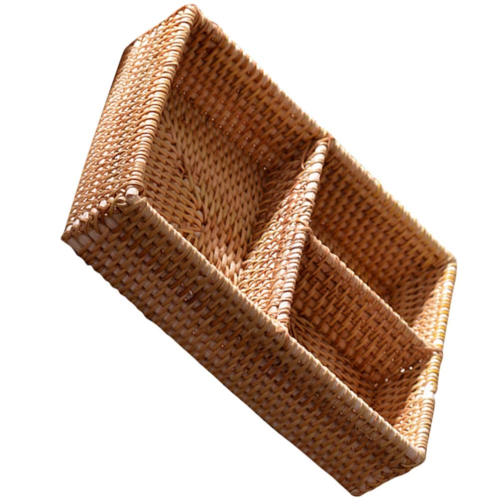 IMIKEYA Rattan Storage Basket Desk Organizer 3- Compartment Wicker Organizer Tray Rattan Crate Decorative Cosmetics Holder Boxes Jewelry Storage Case for Ladies Countertop