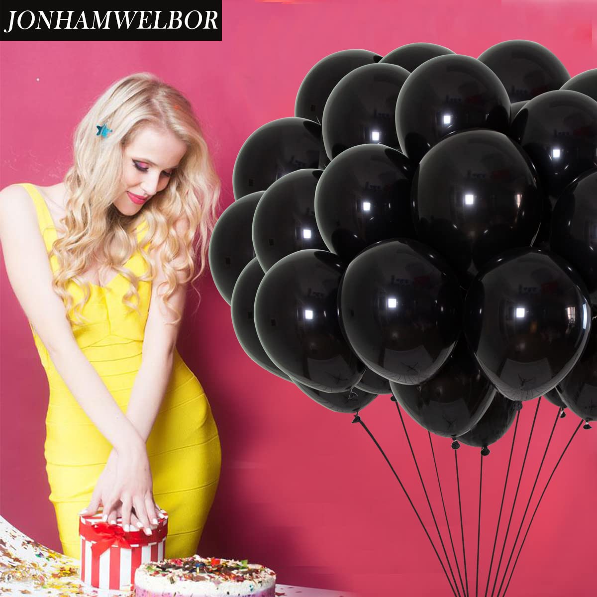 Jonhamwelbor Black Balloons 12 inch 100 Pack Black Metallic Chrome Balloons Black Latex Balloons for Birthday Halloween Graduation Baby Shower Party Decorations (with Black Ribbon)