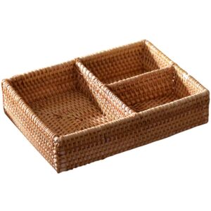 imikeya rattan storage basket desk organizer 3- compartment wicker organizer tray rattan crate decorative cosmetics holder boxes jewelry storage case for ladies countertop