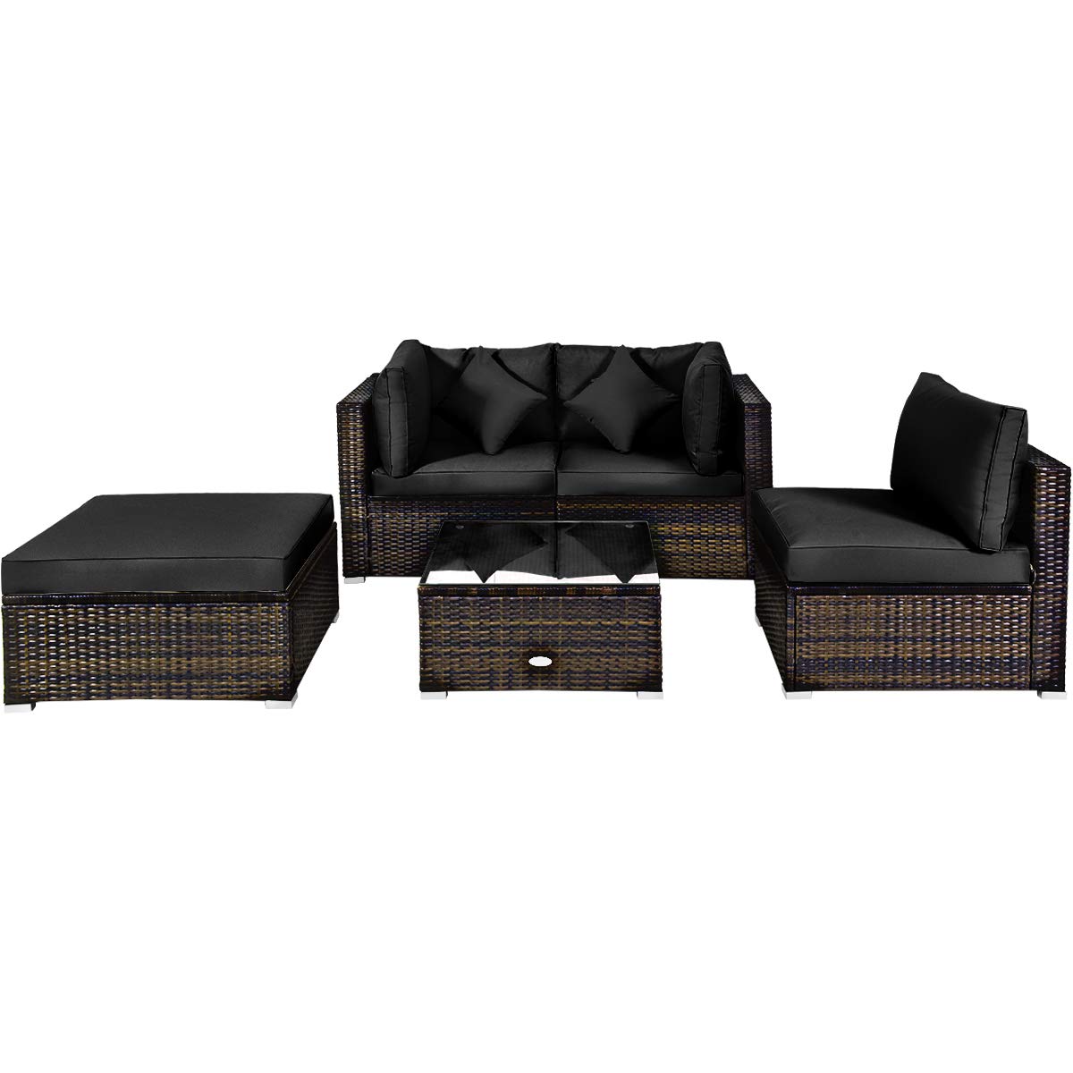 Tangkula 5 Piece Patio Rattan Furniture Set, Outdoor Sectional Rattan Sofa Set with Back & Seat Cushions, Wicker Conversation Set with Tempered Glass Table for Backyard Porch Poolside (Black)