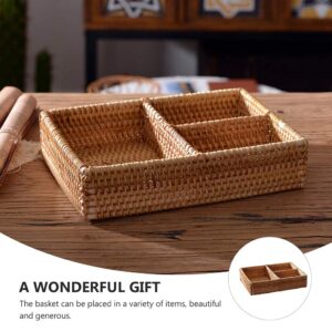 IMIKEYA Rattan Storage Basket Desk Organizer 3- Compartment Wicker Organizer Tray Rattan Crate Decorative Cosmetics Holder Boxes Jewelry Storage Case for Ladies Countertop