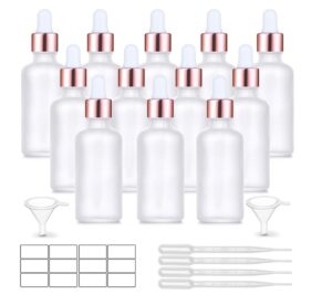 furnido 12 pack,1.7 oz frosted glass dropper bottle,empty essential oil dropper bottle holder with glass eye dropper,rose-golden caps perfume travel vial container-pipette,stickers,funnel included