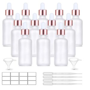 Furnido 12 Pack,1.7 Oz Frosted Glass Dropper Bottle,Empty Essential Oil Dropper Bottle Holder With Glass Eye Dropper,Rose-Golden Caps Perfume Travel Vial Container-Pipette,Stickers,Funnel included