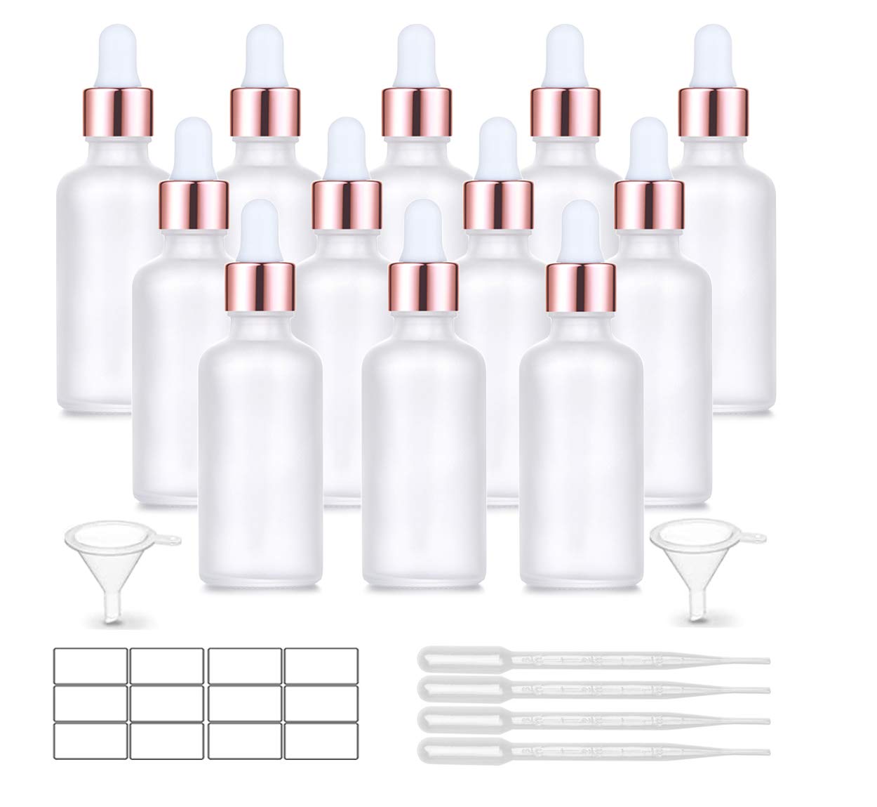 Furnido 12 Pack,1.7 Oz Frosted Glass Dropper Bottle,Empty Essential Oil Dropper Bottle Holder With Glass Eye Dropper,Rose-Golden Caps Perfume Travel Vial Container-Pipette,Stickers,Funnel included