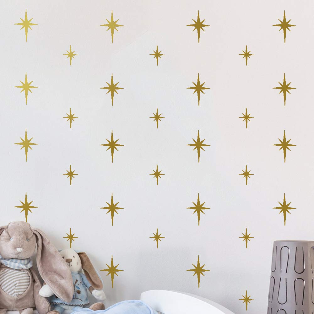 Gold Star Wall Decals Stickers for Adult Bedroom Girls Kids Room Decor,Gold Retro Stars Burst Wall Decals Peel and Stick Decor 72 PCS