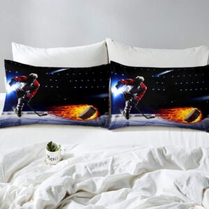 Erosebridal Ice Hockey Duvet Cover Queen Hockey Sport Player Bedding Set Winter Extreme Sport Game Comforter Cover Set Sports Arena Flame Pattern Bedding for Boys Teens Adult Blue Black