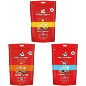 stella & chewy's freeze-dried raw dinner patties dog food (bundle of 3, 5.5 oz. bags) - chicken, beef, lamb