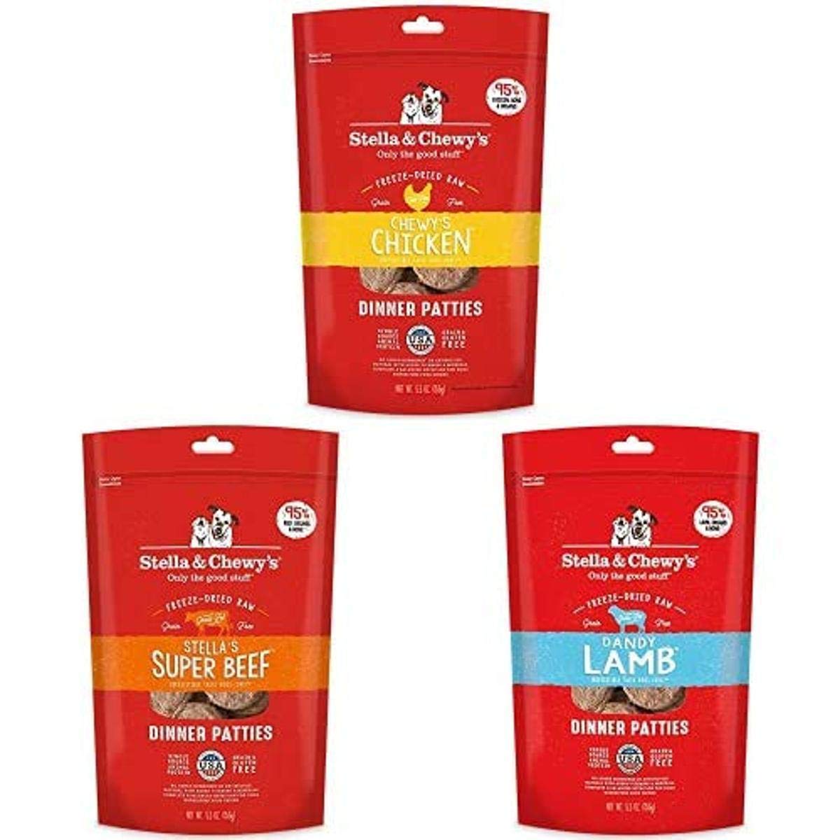 Stella & Chewy's Freeze-Dried Raw Dinner Patties Dog Food (Bundle of 3, 5.5 oz. Bags) - Chicken, Beef, Lamb