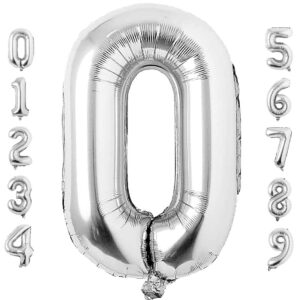 40 Inch Large Silver Number 0 Balloon Extra Big Size Jumbo Digit Mylar Foil Helium Balloons for Birthday Party Celebration Decorations Graduations Wedding Anniversary Baby Shower Supplies Engagement