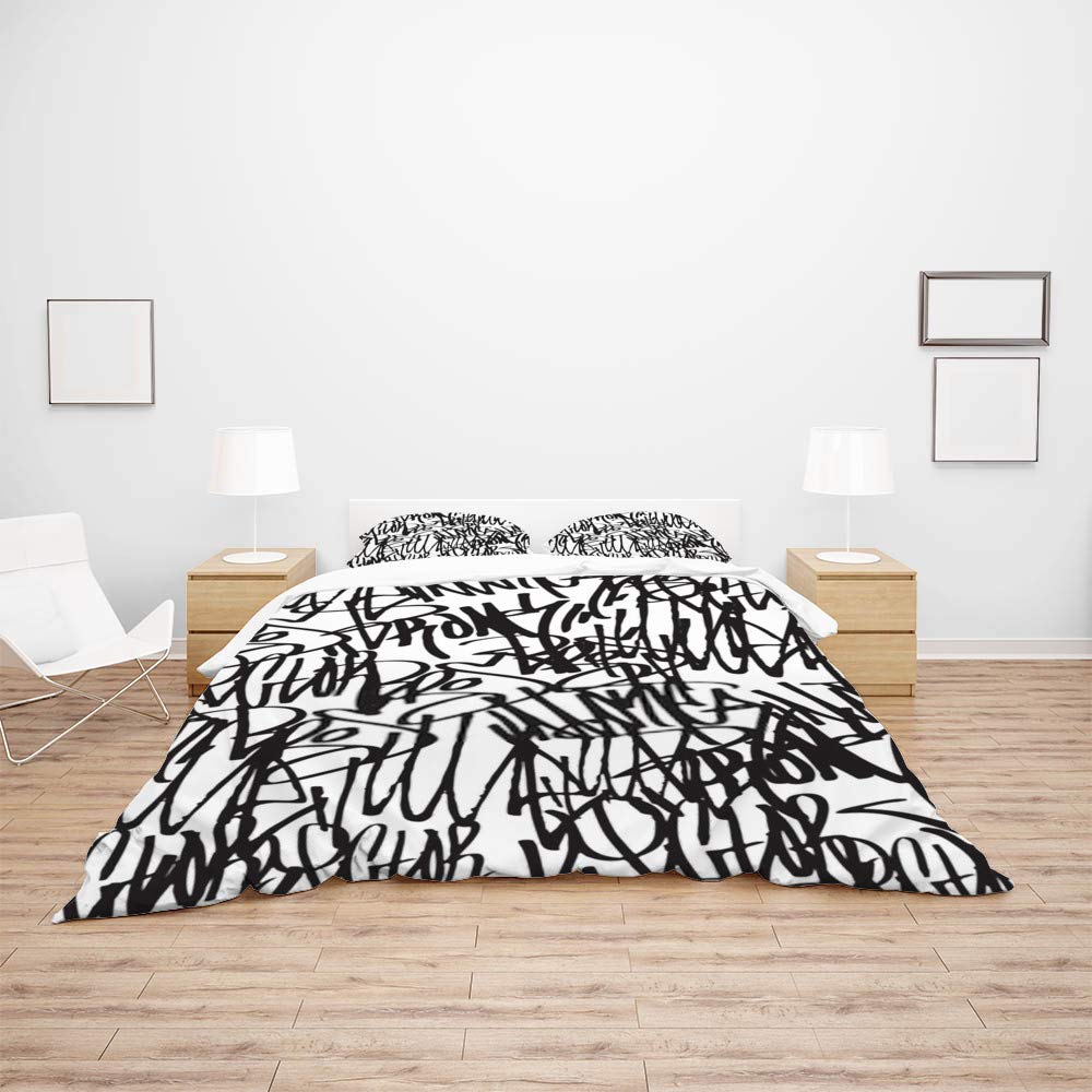 Bedding Sets Queen Size Black Text Graffiti Duvet Cover Sets Soft Comforter Cover with 1 Duvet Cover and 2 Pillow Shams, Gifts for Girls Boys Teen (Without Comforter)