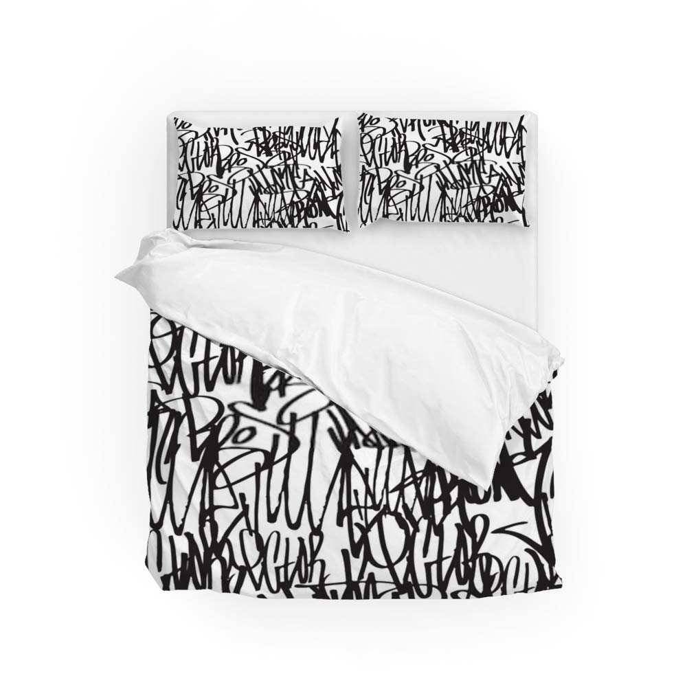 Bedding Sets Queen Size Black Text Graffiti Duvet Cover Sets Soft Comforter Cover with 1 Duvet Cover and 2 Pillow Shams, Gifts for Girls Boys Teen (Without Comforter)