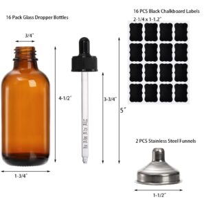 Jucoan 16 Pack Glass Dropper Bottles, 4 oz/120ml Amber Glass Tincture Bottles with Graduated Glass Eye Droppers for Essential Oils, Perfume, 2 Stainless Steel Funnels,16 Chalkboard Lables